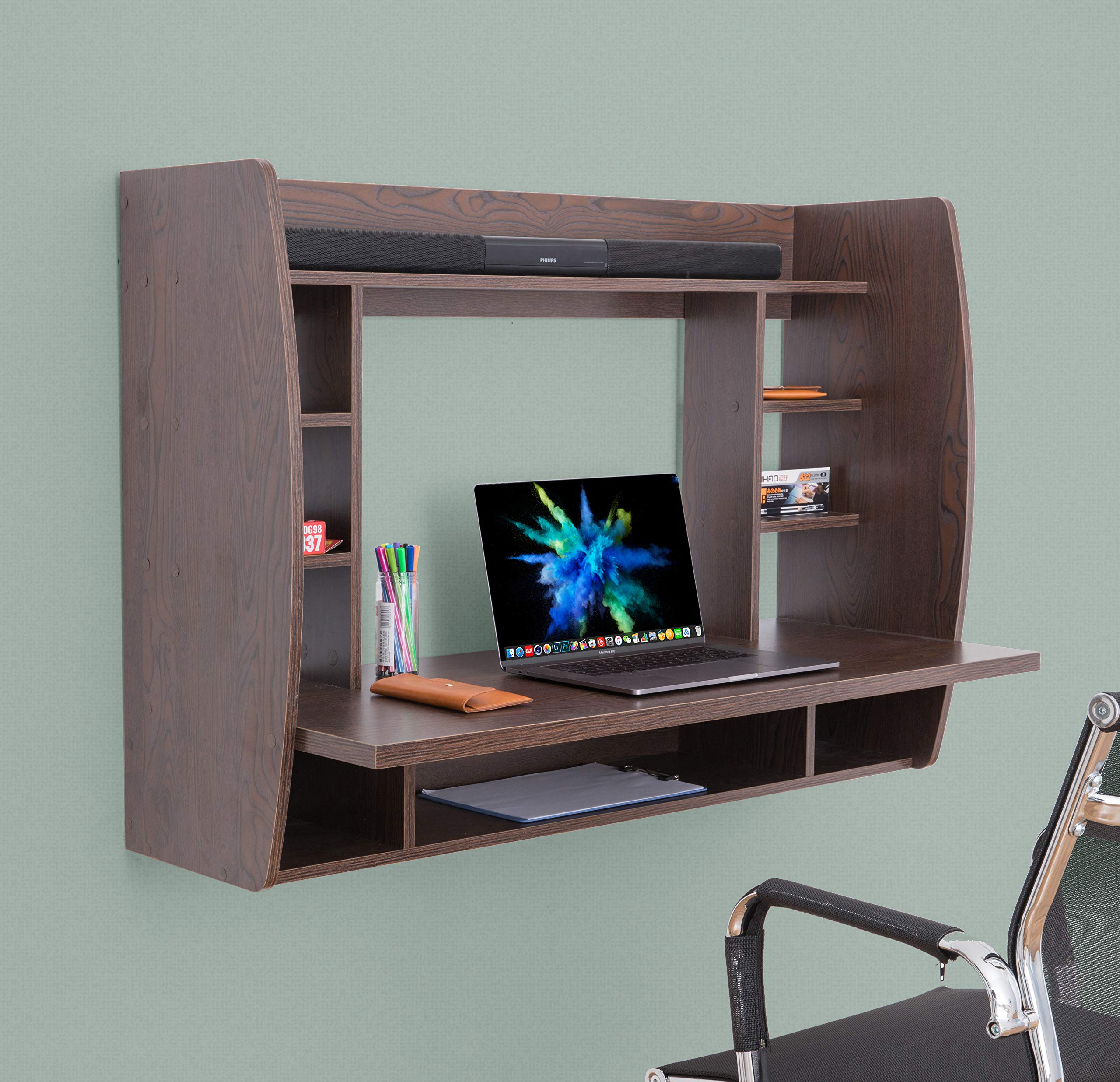 Basicwise Wall Mount Laptop Office Desk with Shelves, Brown,