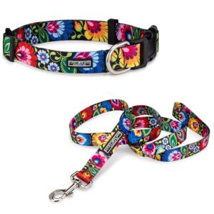 lucky love dog - easy click buckle dog collar with leash set combo, durable & comfortable collar for male & female dogs, pet collar for small to large dogs, secure fit - blackbird combo, small