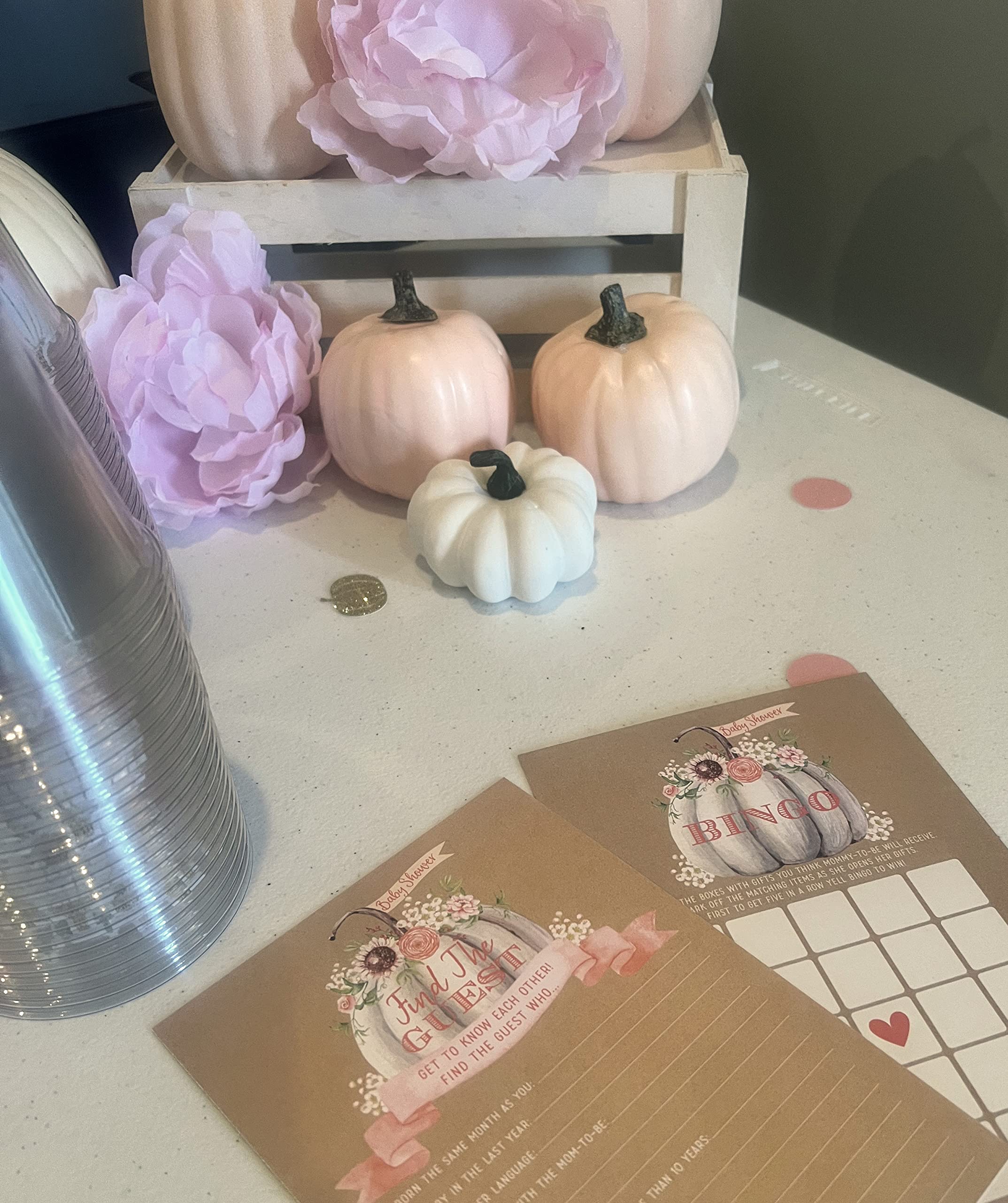 Your Main Event Prints Fall Pumpkin Baby Shower Games - Neutral Yellow - Bingo, Find The Guest, The Price is Right, Who Knows Mommy Best - 25 Games Each, Printed Front and Back, 1 Game Per Side