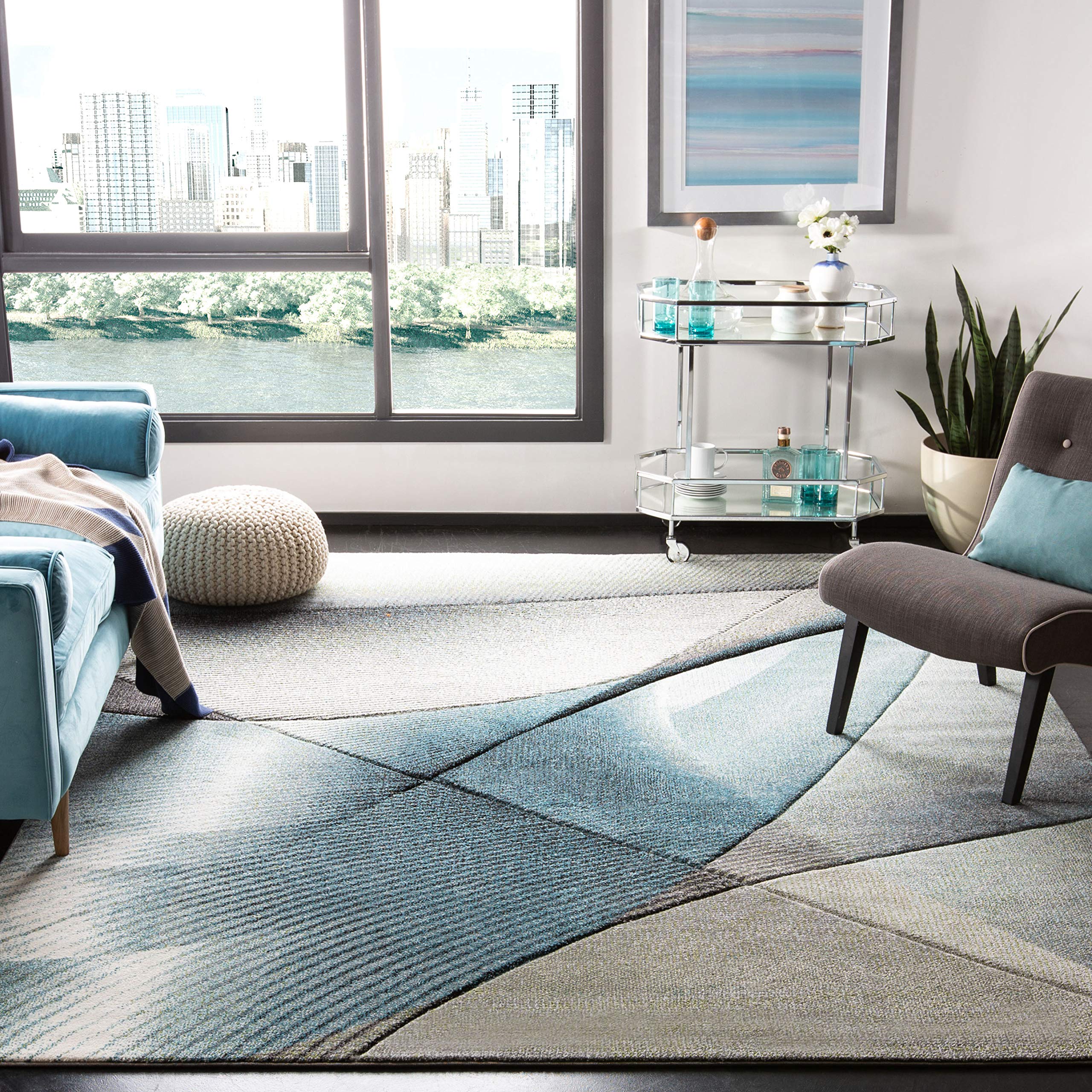 SAFAVIEH Hollywood Collection Area Rug - 10'6" x 14', Grey & Teal, Mid-Century Modern Design, Non-Shedding & Easy Care, Ideal for High Traffic Areas in Living Room, Bedroom (HLW715D)