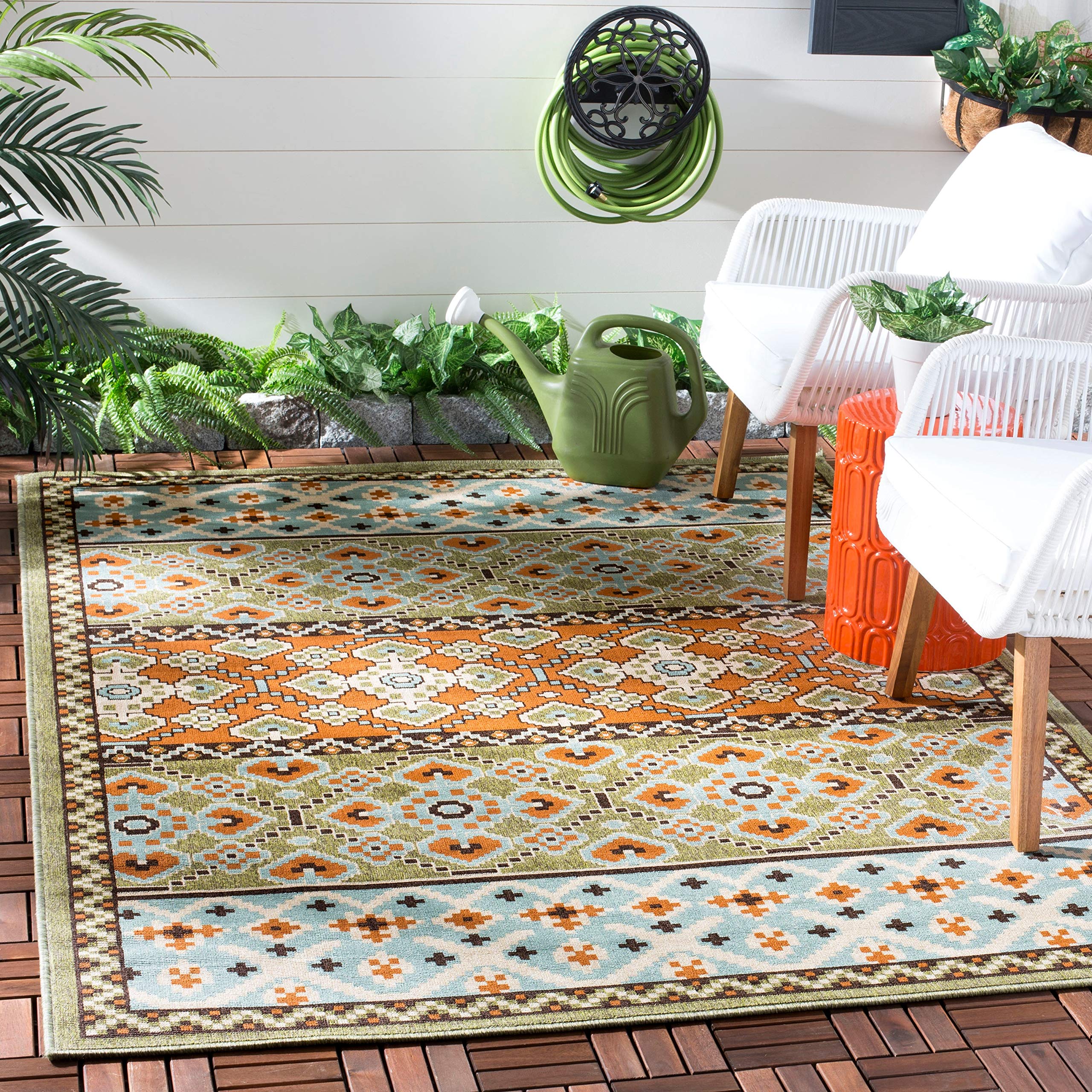 SAFAVIEH Veranda Collection Area Rug - 9' x 12', Green & Terracotta, Boho Design, Non-Shedding & Easy Care, Indoor/Outdoor & Washable-Ideal for Patio, Backyard, Mudroom (VER093-0742)