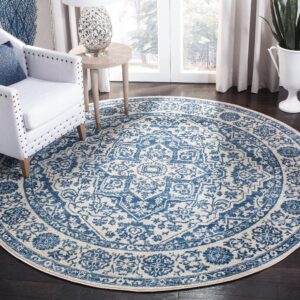 safavieh brentwood collection 5' round navy / light grey bnt832m medallion distressed non-shedding dining room entryway foyer living room bedroom area rug