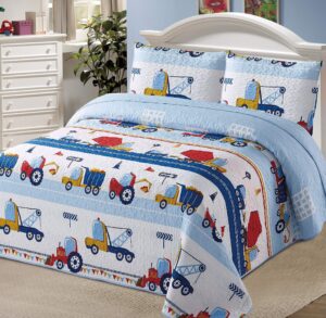 kids zone home linen 2pc twin bedspread coverlet quilt set for boys construction work road trucks blue red yellow