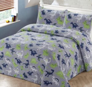 3pc full/queen bedspread coverlet quilt set for kids multi-color dinosaurs blue white green grey