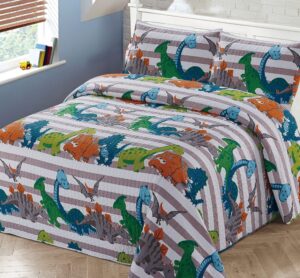 2pc twin bedspread coverlet quilt set kids/teens childrens multi-color dinosaurs stripe quilt grey orange white green blue all dinosaurs new