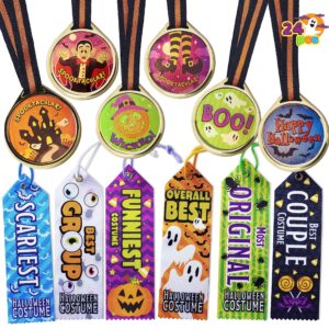 joyin 24 pcs halloween medal trophies and trophy ribbons for halloween award party celebration and spooky contest rewards, halloween party favors for kids, carnival game prizes