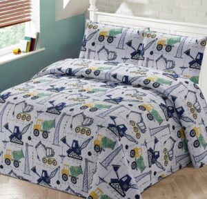 bedspread coverlet quilt set kids/teens boys construction crane trucks cement truck white blue green black grey new (full/queen)