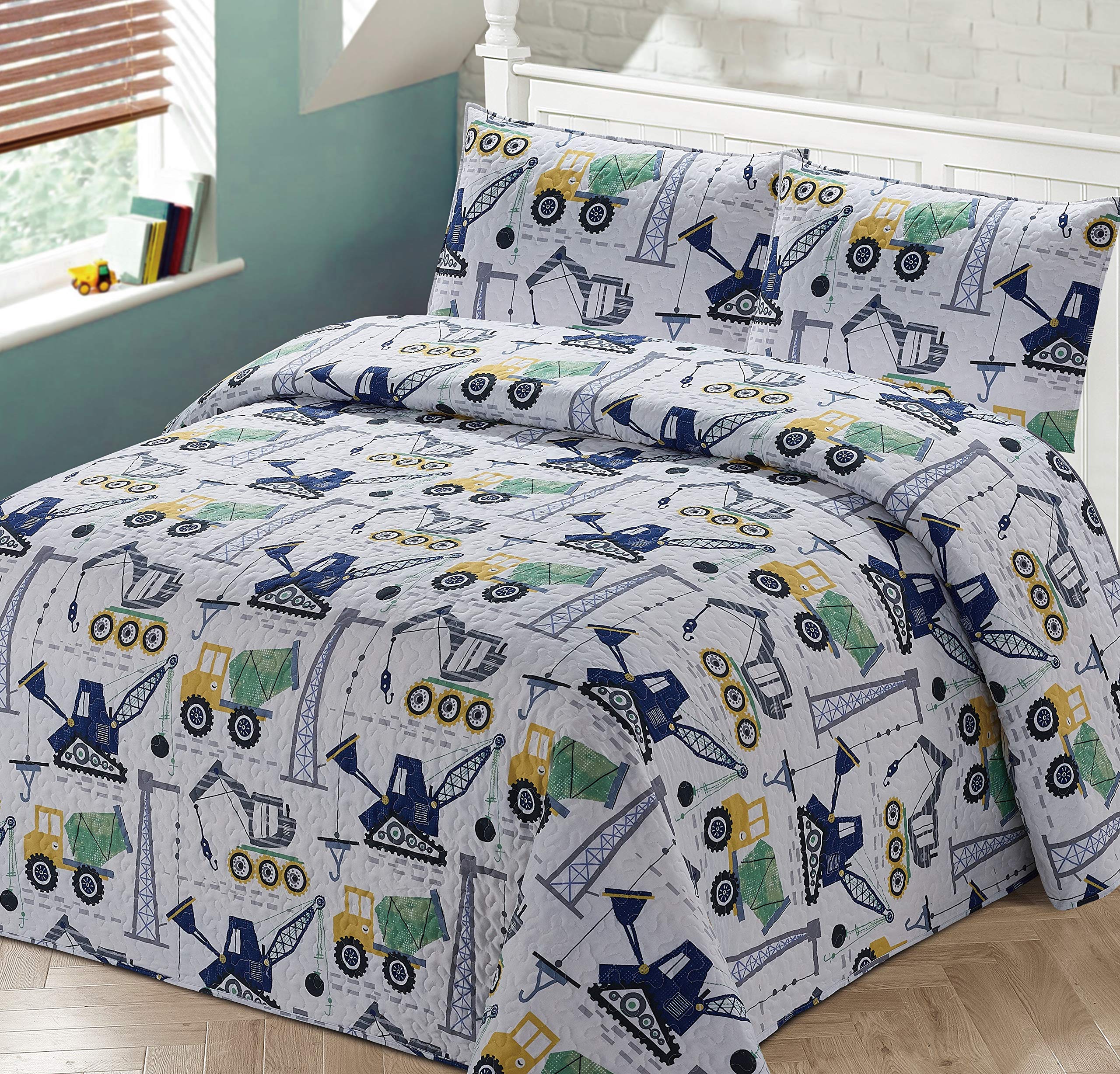 Bedspread Coverlet Quilt Set Kids/Teens Boys Construction Crane Trucks Cement Truck White Blue Green Black Grey New (Full/Queen)