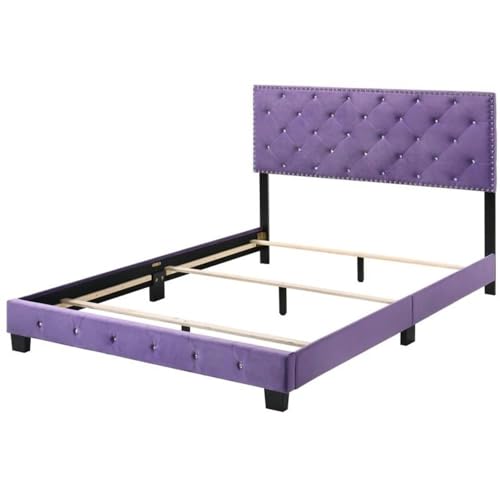 Glory Furniture Full Size Bed with Headboard, Footboard in Velvet, in Purple, No Box Spring Needed, Easy Assembly