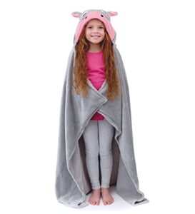 canoogles hippopotamus wearable hooded blanket for kids, blanket hoodie, soft, cozy hooded fleece blanket, machine washable, 40" h x 50" w, one size