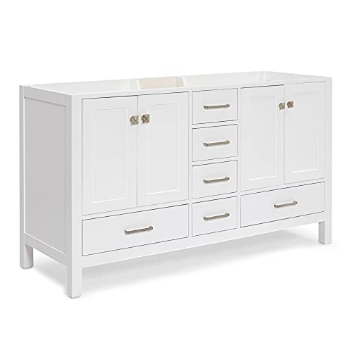 DKB Beckford Series 60" Inch Bathroom Base Cabinet in White, Double Sink Configuration, 4 Soft Closing Doors, 6 Full Extension Dovetail Drawers