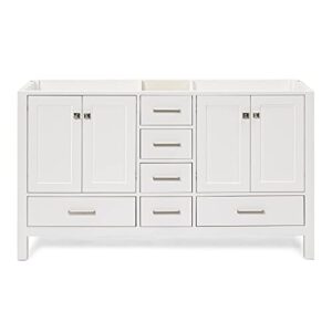 dkb beckford series 60" inch bathroom base cabinet in white, double sink configuration, 4 soft closing doors, 6 full extension dovetail drawers