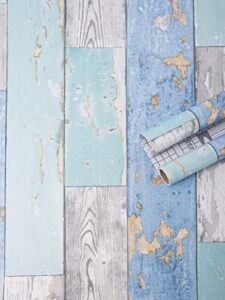 art3d 17.7"x78.7" peel and stick wallpaper - decorative self adhesive vinyl film wood grain wallpaper for furniture cabinet countertop shelf paper, blue distressed wood