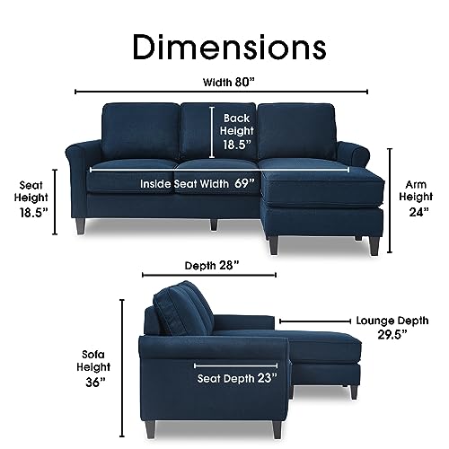 Serta Harmon Reversible Sectional Sofa, Modern L-Shaped Couch for Small Spaces, Soft Fabric Upholstery, Rolled Arm, Blue