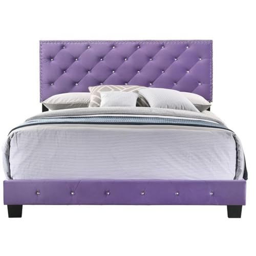 Glory Furniture Full Size Bed with Headboard, Footboard in Velvet, in Purple, No Box Spring Needed, Easy Assembly