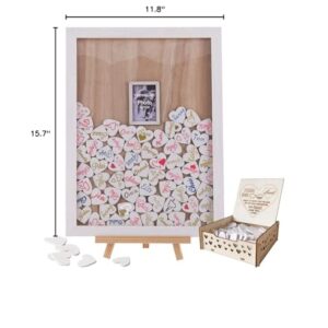 Wedding Guest Book, Y&K Homish Drop Top Frame Sign Book with 100PCS Wooden Hearts, Rustic Wedding Decorations and Gift (White Wooden Frame + Picture/ Photo)