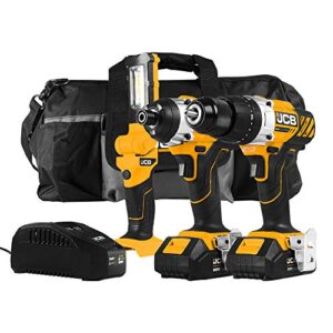 jcb tools - 20v, 3-piece power tool kit - hammer drill driver, impact driver, led work light, 2 x 2.0ah batteries, fast charger and tool bag - for home improvements, drilling, masonry, screw driving