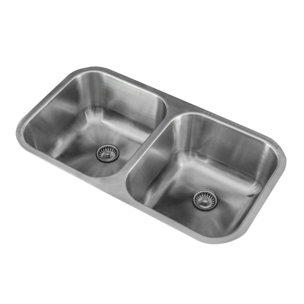 KABCO Kitchen Sink, Stainless, Undermount, Double Bowl, 50/50, Classic Radius, 32-1/2" X 18-1/2" X 9", FLOEDGE seamless drain