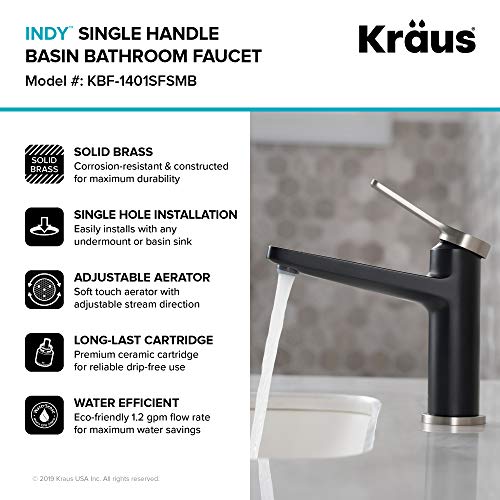 KRAUS Indy Single Handle Basin Bathroom Faucet in Spot Free Stainless Steel/Matte Black, KBF-1401SFSMB