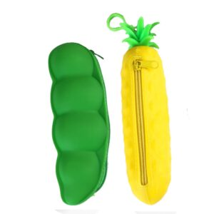 2-pack silicone pencil holder, cute zipper case makeup bag organizer stationery purse wallet cosmetic brush bags (pineapple+pea)