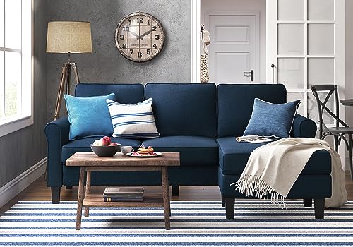 Serta Harmon Reversible Sectional Sofa, Modern L-Shaped Couch for Small Spaces, Soft Fabric Upholstery, Rolled Arm, Blue