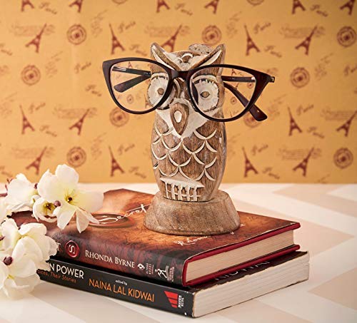 Eximious India White Elephant Gifts for Adults Him Her Wooden Owl Glasses Holder Stand Reading Nightstand Eyeglass Retainer Mom Dad Car SPWW19