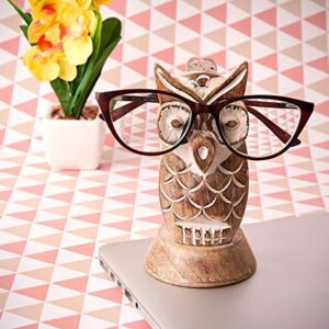 Eximious India White Elephant Gifts for Adults Him Her Wooden Owl Glasses Holder Stand Reading Nightstand Eyeglass Retainer Mom Dad Car SPWW19