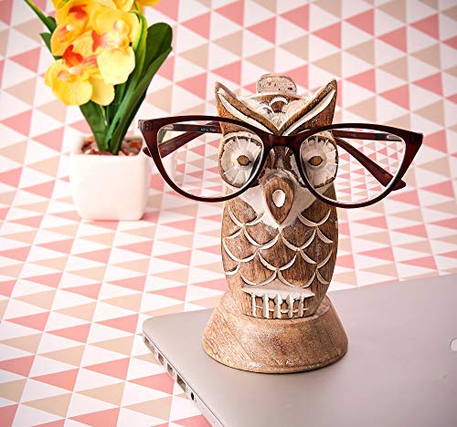 Eximious India White Elephant Gifts for Adults Him Her Wooden Owl Glasses Holder Stand Reading Nightstand Eyeglass Retainer Mom Dad Car SPWW19