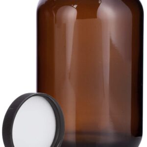 JUVITUS 17 oz Amber Wide Mouth Glass Packer Bottle with Black Ribbed Lid (2 pack)