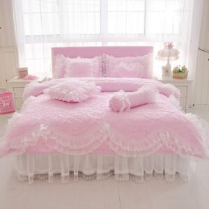 berteri princess bedding set cotton duvet cover with lace edge thick quilted bed skirt twin queen king size romantic bedline set for girls gift