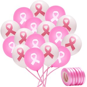 llxieym 60 pieces pink ribbon balloons breast cancer awareness balloons set for party with 6 rolls ribbons (pink&white)