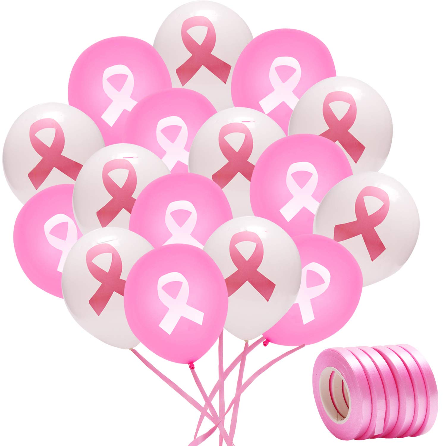 Llxieym 60 Pieces Pink Ribbon Balloons Breast Cancer Awareness Balloons Set for Party with 6 Rolls Ribbons (pink&white)