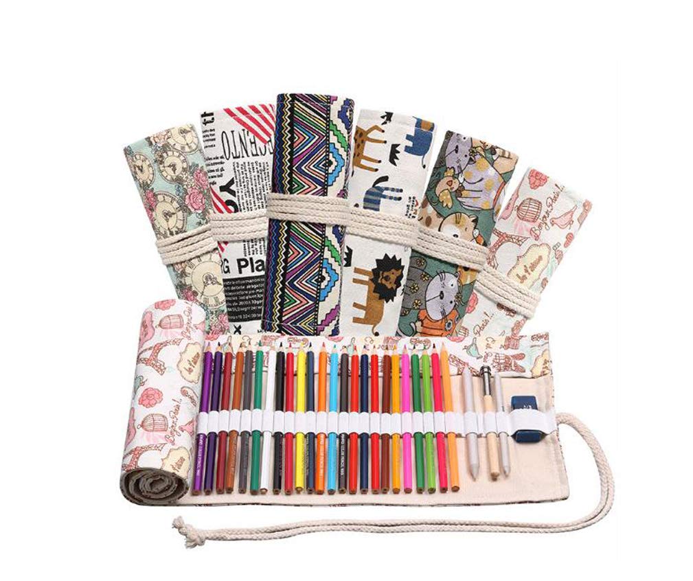 Flyusa FZBNSRKO Canvas Pencil Wrap,Colored Pencil Roll Up Wrap Travel Drawing Coloring Pencil Holder Organizers with 48 Slots for Student Artist Adult(Black)