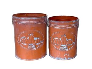 dns happy harvest buckets large metal galvanized burnt orange pumpkin theme containers thanksgiving fall decorative organizer (set of 2) 9.2" & 8.8"