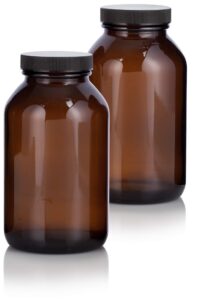 juvitus 17 oz amber wide mouth glass packer bottle with black ribbed lid (2 pack)