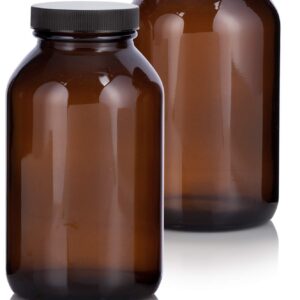 JUVITUS 17 oz Amber Wide Mouth Glass Packer Bottle with Black Ribbed Lid (2 pack)