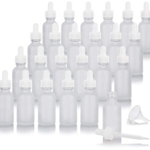 JUVITUS 1 oz Frosted Clear Glass Boston Round Bottle with White Dropper (24 pack) + Funnel