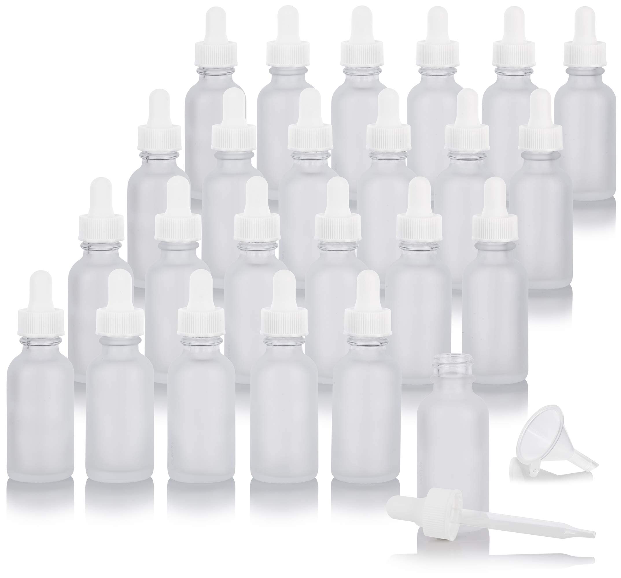 JUVITUS 1 oz Frosted Clear Glass Boston Round Bottle with White Dropper (24 pack) + Funnel