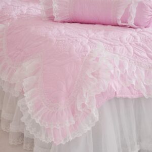 BERTERI Princess Bedding Set Cotton Duvet Cover with Lace Edge Thick Quilted Bed Skirt Twin Queen King Size Romantic Bedline Set for Girls Gift