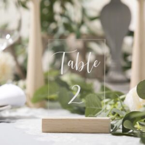 UNIQOOO 5 Pack Wood Table Number Stands | 1/8” Thick Acrylic Sign Holders | Oak Wood Display Stands | Place Card Holder, Perfect for Retail Shop Wedding Dinner Party, Events Decoration, Retail Shop