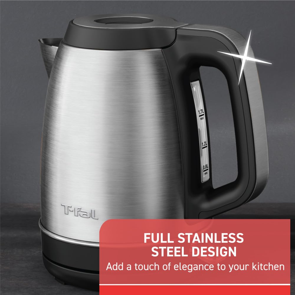 T-fal Element Stainless Steel Electric Kettle 1.7 Liter, Fast boiling 78 sec, Easy to use, Easy lid opening, 1500 Watts, Removable Anti-Scale Filter, Precision Pouring, Silver and Black