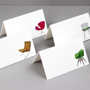 place cards with mid century modern iconic design chairs for dinner parties, house warming and special events. table tent style, scored for easy folding. available in pkgs of 12 / 24 / 36 (12)