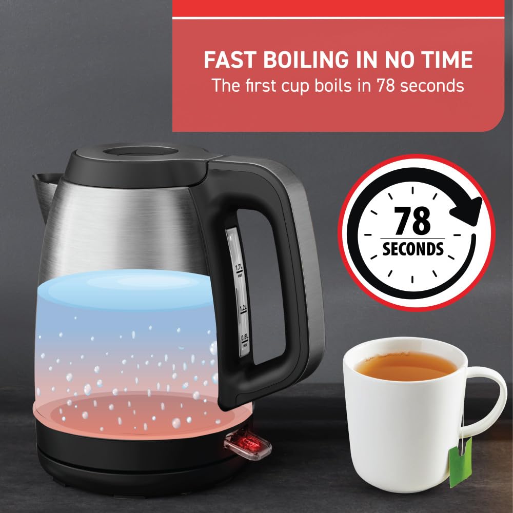 T-fal Element Stainless Steel Electric Kettle 1.7 Liter, Fast boiling 78 sec, Easy to use, Easy lid opening, 1500 Watts, Removable Anti-Scale Filter, Precision Pouring, Silver and Black