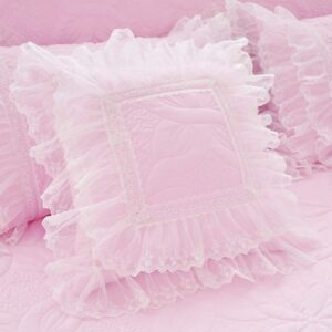 BERTERI Princess Bedding Set Cotton Duvet Cover with Lace Edge Thick Quilted Bed Skirt Twin Queen King Size Romantic Bedline Set for Girls Gift