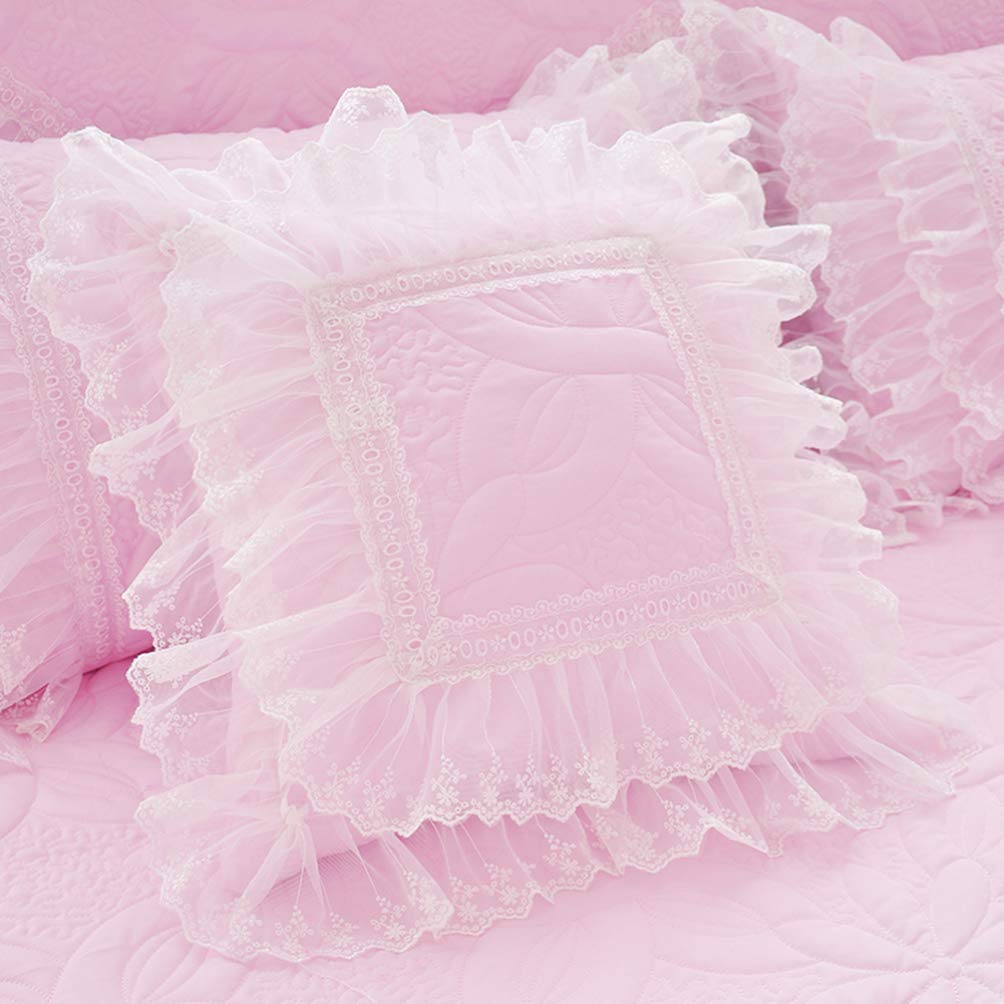 BERTERI Princess Bedding Set Cotton Duvet Cover with Lace Edge Thick Quilted Bed Skirt Twin Queen King Size Romantic Bedline Set for Girls Gift