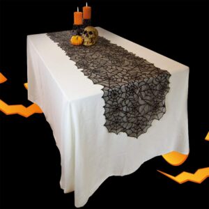 Orgrimmar 35 PCS Halloween Decorations Set Include Lace Spider Web Table Runner, Round Lace Table Cover, Fireplace Scarf Cover and 32 Pieces 3D Bats Wall Sticker Decal