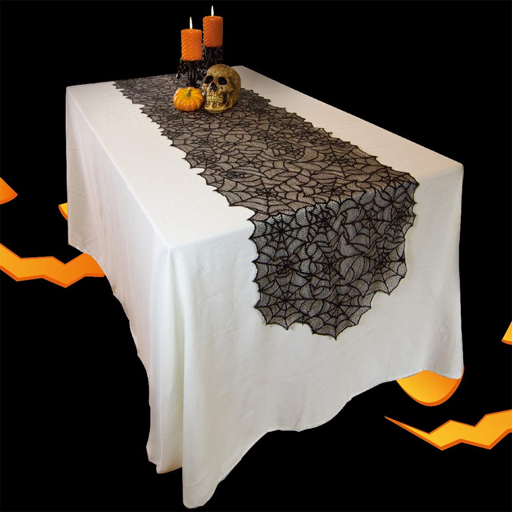 Orgrimmar 35 PCS Halloween Decorations Set Include Lace Spider Web Table Runner, Round Lace Table Cover, Fireplace Scarf Cover and 32 Pieces 3D Bats Wall Sticker Decal