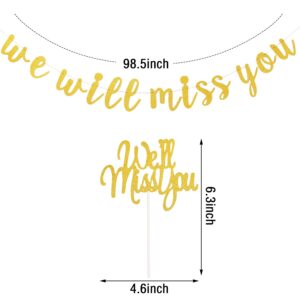 We Will Miss You Banner Gold Glitter Retirement Sign Farewell Banner with Cake Topper for Retirement Graduation Going Away Farewell Office Work Party Decorations