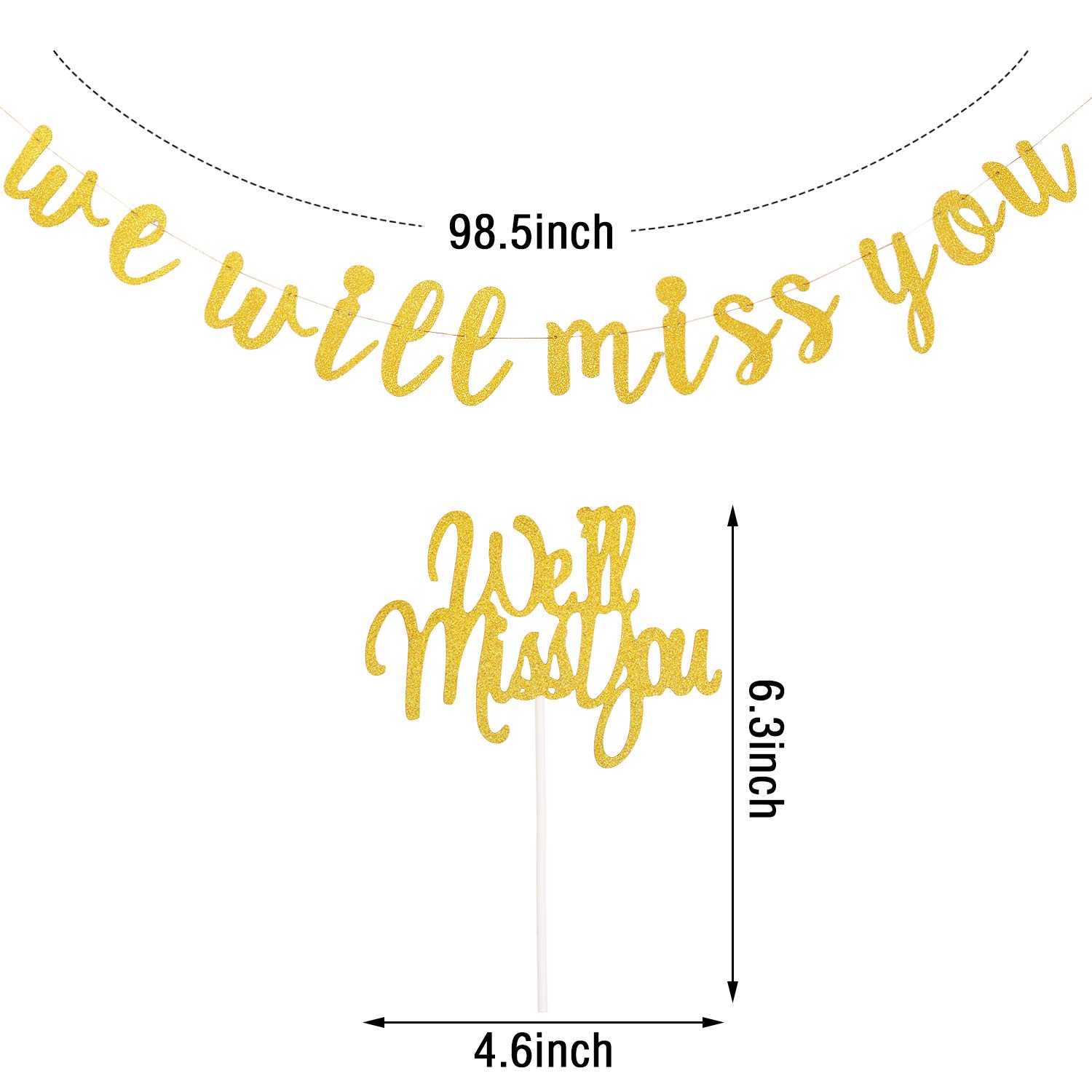 We Will Miss You Banner Gold Glitter Retirement Sign Farewell Banner with Cake Topper for Retirement Graduation Going Away Farewell Office Work Party Decorations