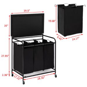 HollyHOME Rectangular Laundry Sorter with Folding Ironing Board, 3-Section Laundry Basket Sorter with Lockable Wheels for Laundry Bedroom Bathroom Living Room Black